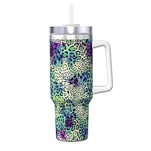 HULIBIN Green Leopard Print Double Deck Stainless Steel Travel Coffee Cup With Lid 40 Oz Ice Bully Cup
