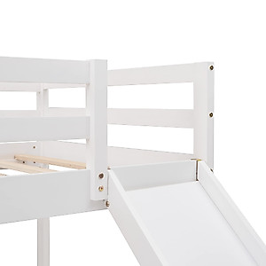 Twin Over Twin Bunk Bed with Slide, Floor Bunk Bed for Kids Toddlers, Wood Low Frame with Ladder and Fence for Boys Girls Teens, White