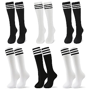 V TOWER 6 Pairs Soccer Socks for Girls Knee High Socks White Soccer Socks Youth Long Socks for Boys Black Socks for Boys 8-10 Years