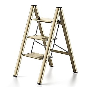3 Step Ladder Aluminum Lightweight Folding Step Stool Wide Anti-Slip Pedal 330 Lbs Capacity Household Office Portable Stepladder,Champagne Gold