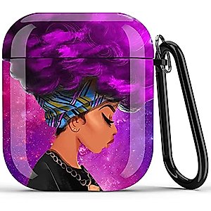 African American Girl Airpods Case - Wonjury Airpod Skin Protective Hard Case Cover Portable & Shockproof Women with Keychain for Apple Airpods 2/1 Charging Case (Purple Hair Girl)