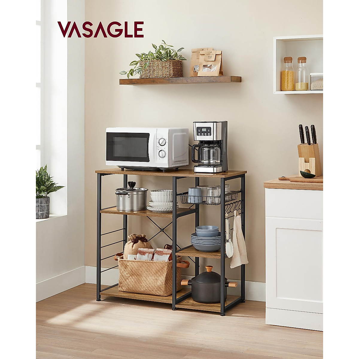 VASAGLE ALINRU Kitchen Baker’s Rack, Coffee Bar, Microwave Oven Stand, with Steel Frame, Wire Basket, 6 Hooks, for Mini Oven, Spices Utensils, Industrial, Rustic Walnut and Black UKKS090B41