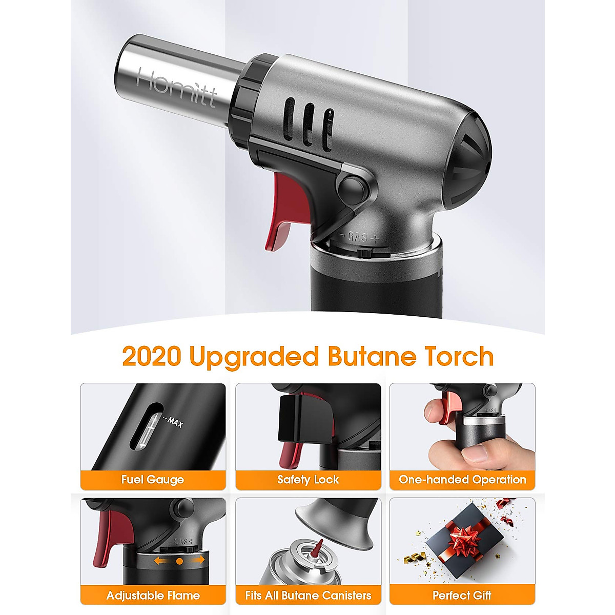 Butane Torch with Fuel Gauge,Homitt Refillable Cooking Torches with One-handed Operation &Safety Lock,Adjustable Flame,Fit All Butane Tanks Kitchen Culinary Butane Torch for Cooking,Baking,BBQ