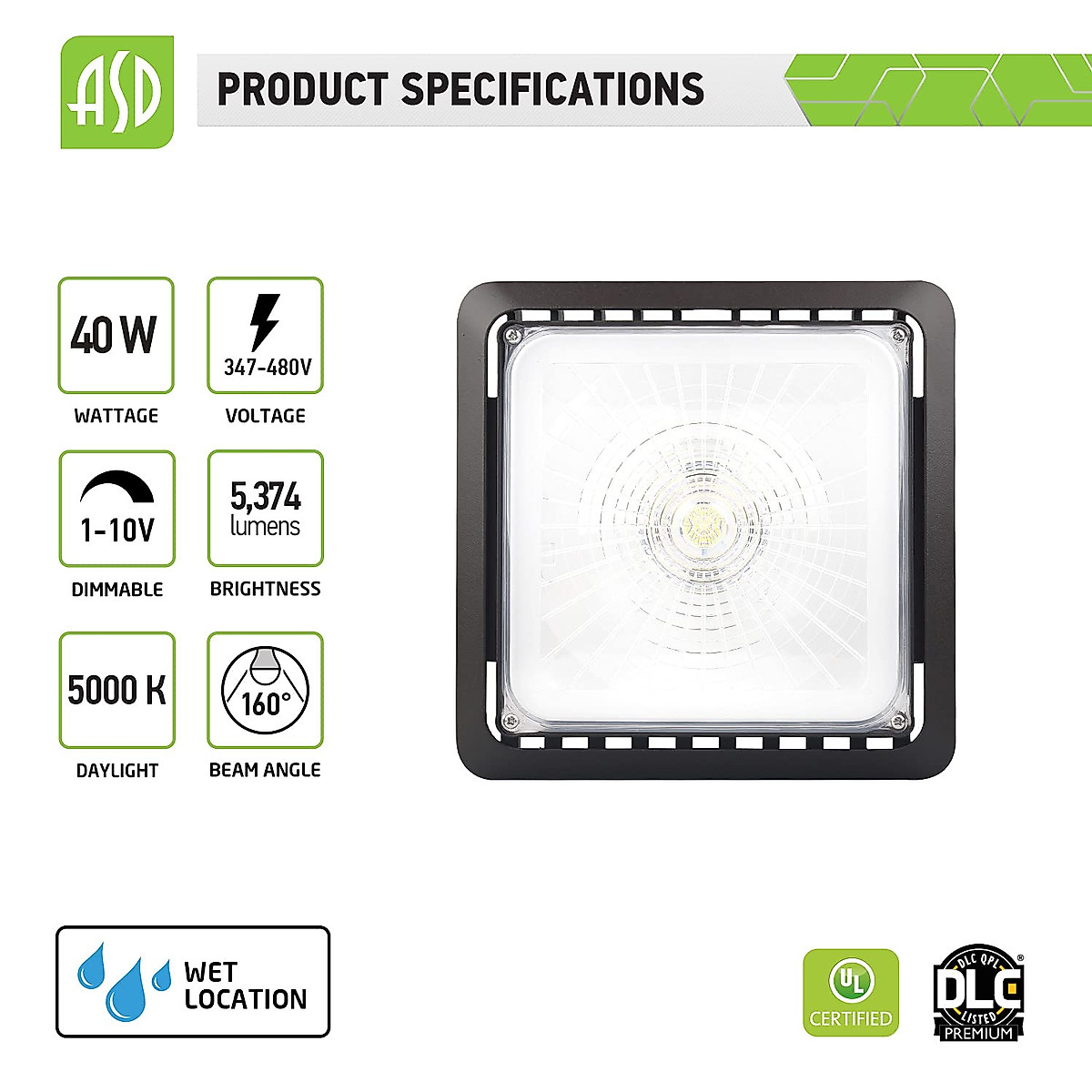 ASD 5000K Canopy LED Lights 347V-480V Dimmable IP65 40W 5400Lm Outdoor Ceiling Lights with J-Box | Light Fixture Canopy | Gas Station and Garage Light | LED Parking Lot Light UL&DLC