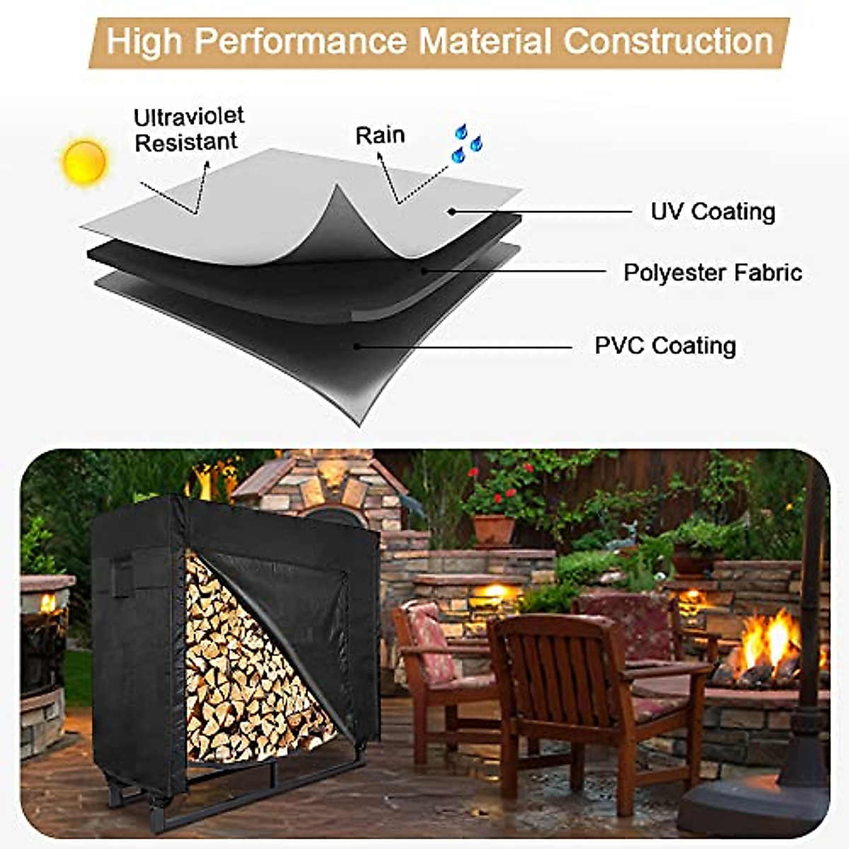 LBW Firewood Rack Cover Outdoor 4ft Heavy Duty Wood & Log Rack Cover 600D Waterproof Fireplace Cover for Log Rack Black Firewood Holder Cover with Zipper and Handle , 47.68 "H x 23.2 "W x 43.3 "L