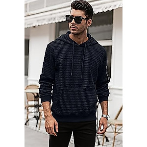 JMIERR Mens Waffle Hoodie Long Sleeve Drawstring Plaid Jacquard Hooded Zip Pockets Sweatshirt, US 46(XL), Blue