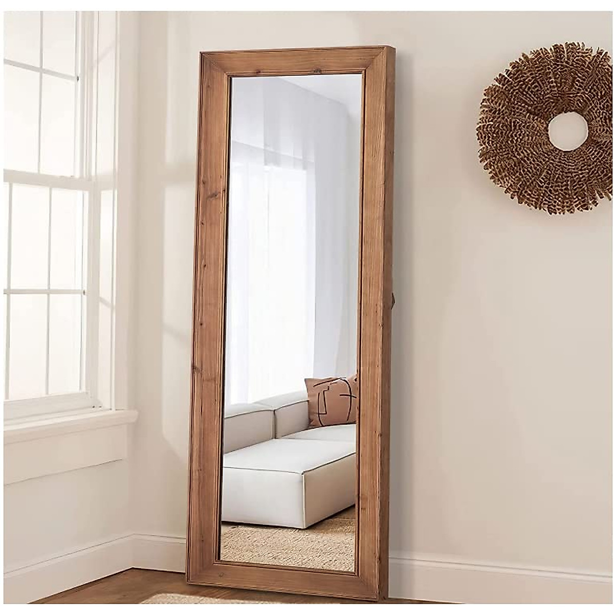 NeuType Full Length Mirror 65"x22" Floor Mirror with Standing Holder Solid Wood Frame Large Wall Mounted Mirror Hanging or Leaning Against Wall for Bedroom, Natural