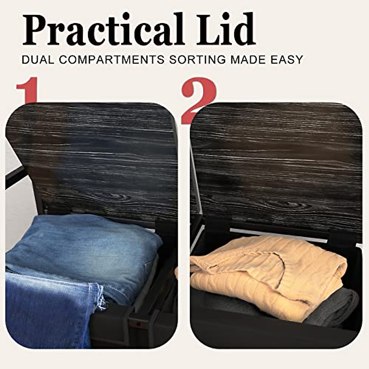 PAKLORDE Laundry Hamper with Lid,Wheels Laundry Basket Sorter 2 x 14 Gal (112L),Top Shelf,600D Oxford Sorter Bag Metal Frame Industrial for Bathroom Dorm Living Room Bedroom (Black Oak)