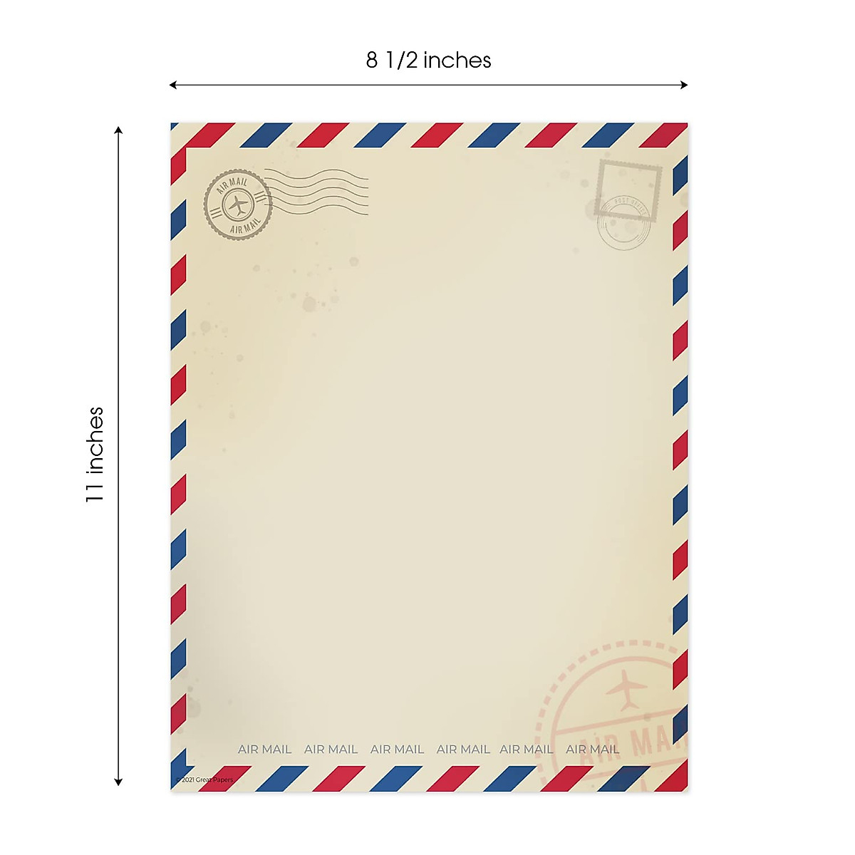 Vintage Air Mail Letterhead / 50 Sheets 8.5" x 11" Rustic Paper/Travel Themed Stationery/Red And Blue Striped Design