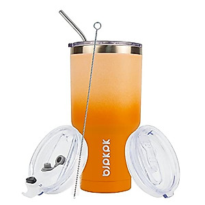 BJPKPK 30oz Stainless Steel Vacuum Insulated Tumbler Set Double Wall Travel Mug Coffee Cup with Metal Straws, Splash-Proof Lids,Coral
