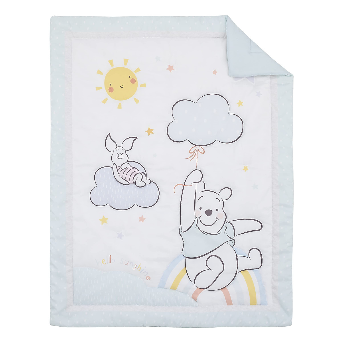 Disney Winnie The Pooh Hello Sunshine Multi-Colored Rainbow, Yellow Sun & Blue Clouds 3Piece Nursery Crib Bedding Set - Comforter, Fitted Crib Sheet & Crib Skirt, Aqua, Yellow, Orange, White