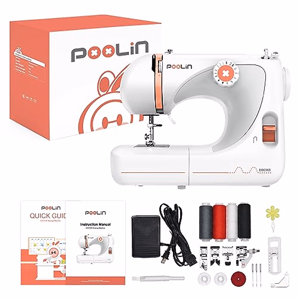 Poolin Basic Sewing Machine for Children - 27 Stitches Applications with Multiple Accessories Include Video Tutorials & Quick Guide & Instruction Manual, EOC565