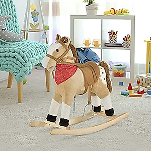 Qaba Kids Plush Ride-On Rocking Horse Toy Cowboy Rocker with Fun Realistic Sounds for Child 3-6 Years Old, Beige