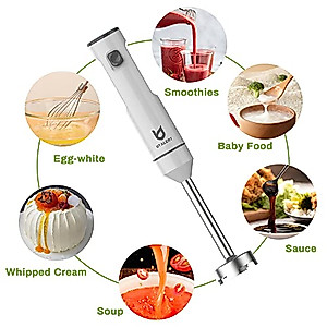 Cordless Hand Blender, UTALENT Variable Speed Immersion Blender handheld Rechargeable, with Fast Charger, Egg Whisk, for Smoothies, Milkshakes, Hummus and Soups – White