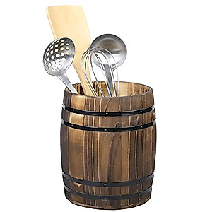 MyGift Wine Barrel Design Kitchen Utensil Crock, Vintage Rustic Burnt Wood Cooking Tool Holder