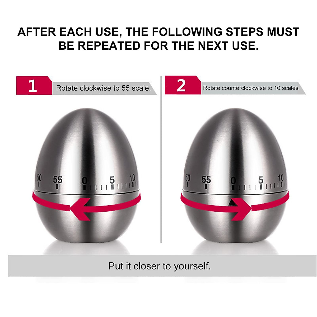 NUZYZ Metal Timer, Portable Metal Timer Attractive Stainless Steel Anti-Slip Bottom 60 Minutes Egg-Shaped Manual Reminder for Home Stainless Steel