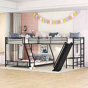 Triple Bunk Beds, L-Shape Twin Over Full Bunk Bed Attached a Loft Bed with Desk, Triple Bunk Beds with Slide, Metal Corner Bunk Bed Frame for Three Kids Boys Girls Teens, Black
