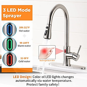 OWOFAN Touchless Kitchen Faucet with Pull Down Sprayer LED Light Single Handle Kitchen Sink Faucet Motion Sensor Smart Hands-Free, Stainless Steel Brushed Nickel 1072SN