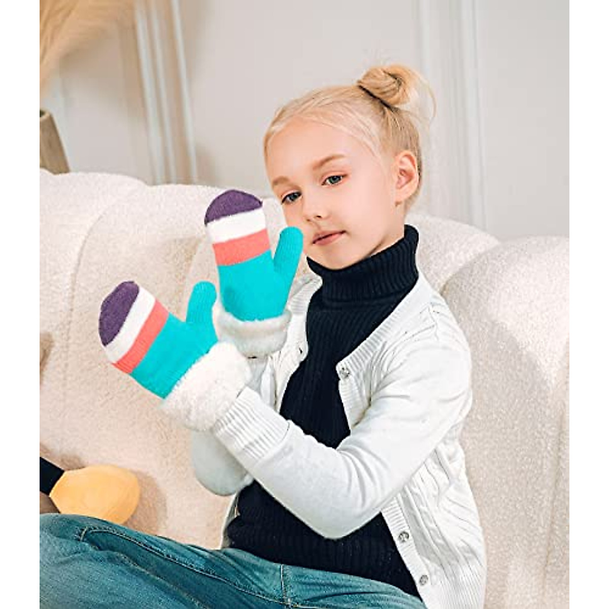 Arctic Paw Kids Gloves Winter Infant Mittens Boys Mittens Outdoor Sherpa Lined Winter Mitten Gloves Black Toddler Mittens, Stripe Mixed