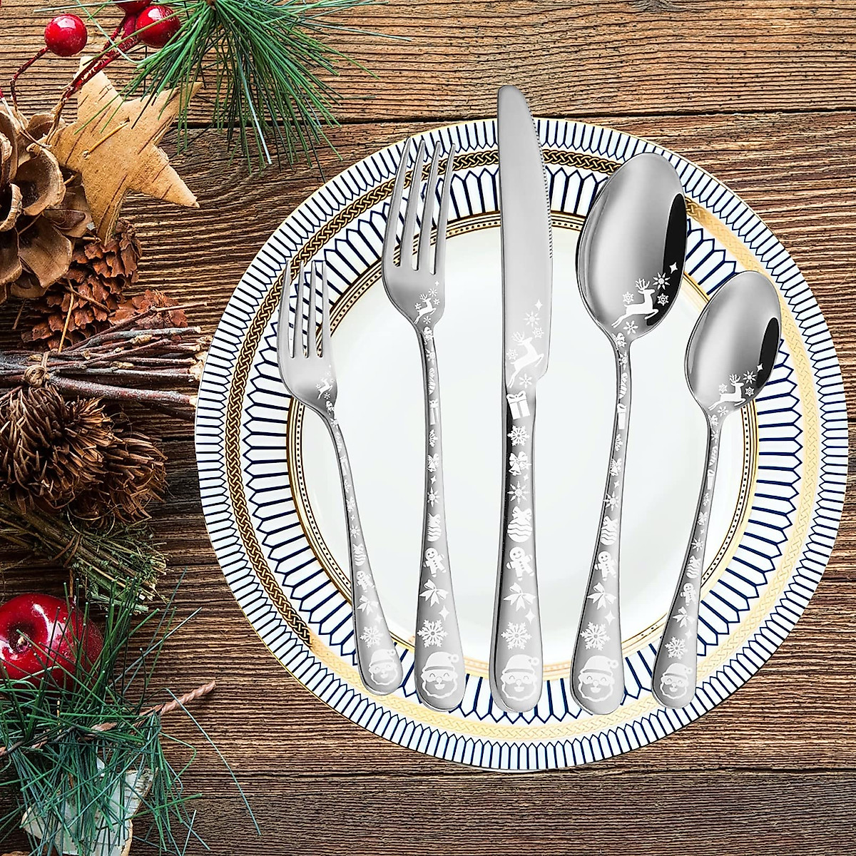 Vilihkc Christmas Style Silverware Set,20 Piece Stainless Steel Flatware Set, Kitchen Utensil Set Service for 4,Tableware Cutlery Set for Home and Restaurant,Dishwasher Safe