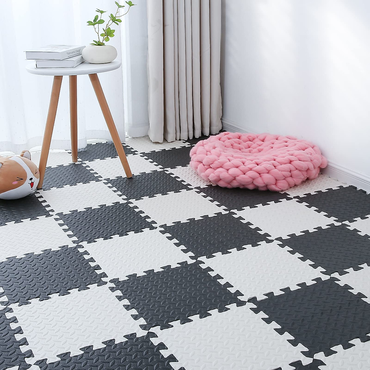 Tamiplay Foam Play Mat for Baby, 0.4 Inch EVA Soft Non-Toxic Baby Playmat, Interlocking Floor Mats, Solid Colored Foam Puzzled Floor Mats, Baby Play Mat Exercise Mats, 16 Tiles(White/Black)