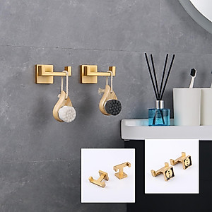 GERZWY Bathroom Double Towel Hook Gold Stainless Steel Wall Mounted Coat/Robe Clothes Hook for Bath Kitchen 2 Pack