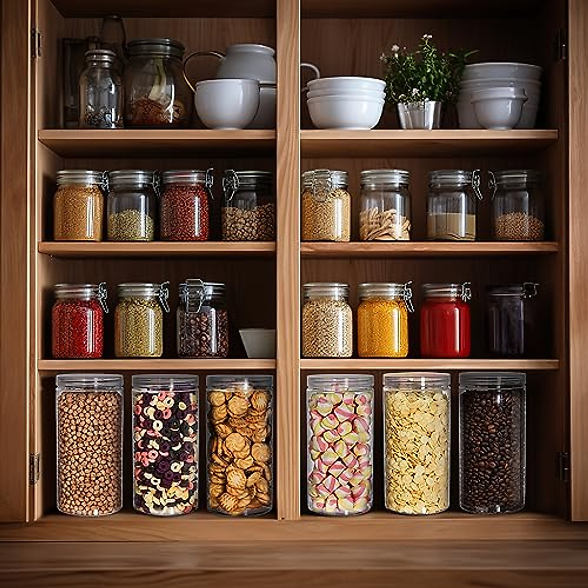 Pumtus 8 Pack Clear Plastic Jars, 46 OZ Empty Candy Storage Jars, Reusable PET Mason Jar with Screw on Lids, Large Round Dry Food Container for Household and Kitchen Organizing, Nuts, Noodles, Spices