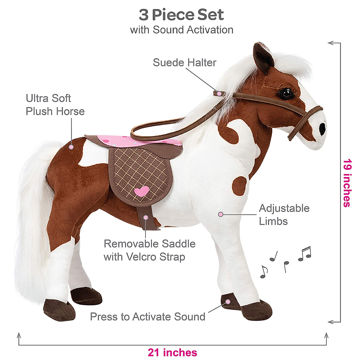 ADORA Amazon Exclusive Amazing World Collections, Toy Plush Horse with 1 Sound Effect, Saddle, Harness & Wooden Stable Play Set – 15 Piece Set for 18 inch Dolls