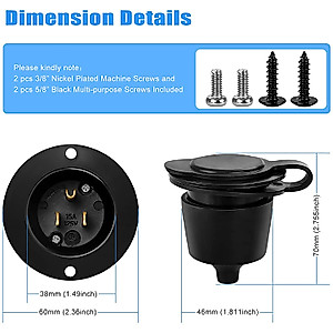 WAWETA 15 Amp Flanged Inlet 125V, Shore Power Inlet with Waterproof Cover, NEMA 5-15 AC Port Plug 2 Pole 3-Wire Generator Male Receptacle for Marine Boat RV Shed Electrical Extension
