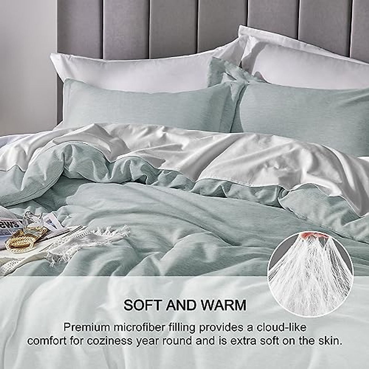 CozyLux Queen Size Comforter Set - 3 Pieces Sage Green Soft Luxury Cationic Dyeing Bedding Comforter for All Season, Breathable Lightweight Fluffy Boho Bed Sets with 1 Comforter and 2 Pillow Shams