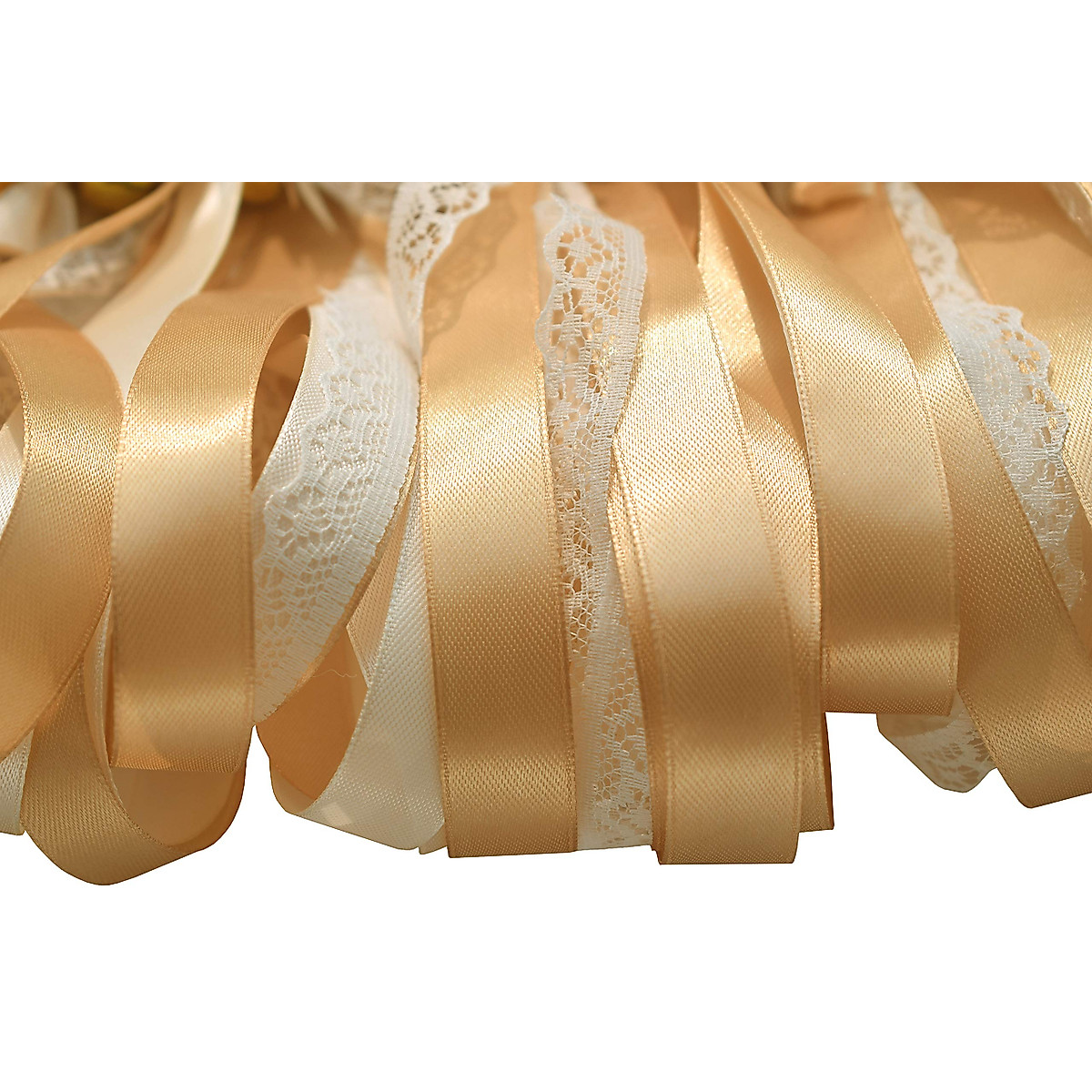 Kingsnow 50 Pack Champagne Lace Ribbon Wands Party Streamers with Bells Silk Fairy Stick Wand Party Favors for Wedding Send off Party Activities Baby Shower Holiday Celebration