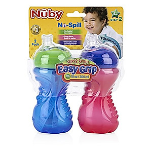Nuby 2-Pack No-Spill Super Spout Easy Grip Cup, 10 Ounce, 6 Months +, Red and Blue