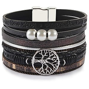 FANCY SHINY Tree of Life Leather Wrap Bracelet Inspirational Cuff Bangles Boho Pearl Bracelets with Clasp Unique Jewelry Gifts for Women(Black)