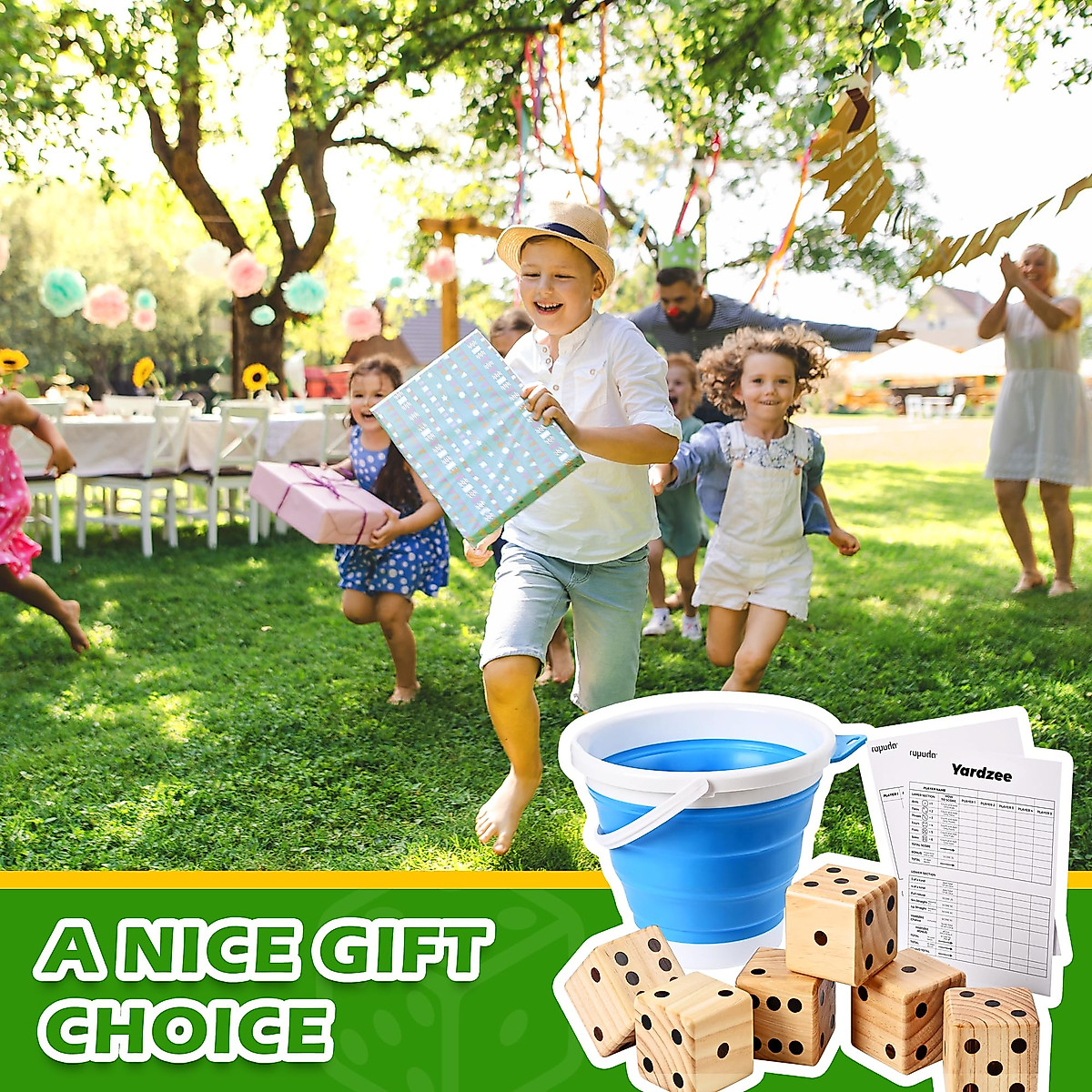 ropoda 3.5" Giant Wooden Yard Dice Set for Outdoor Fun, Barbeque, Party Events, Backyard Games, Lawn Games Includes 6 Dice, Collapsible Bucket, Score Cards & Dry Erase Marker