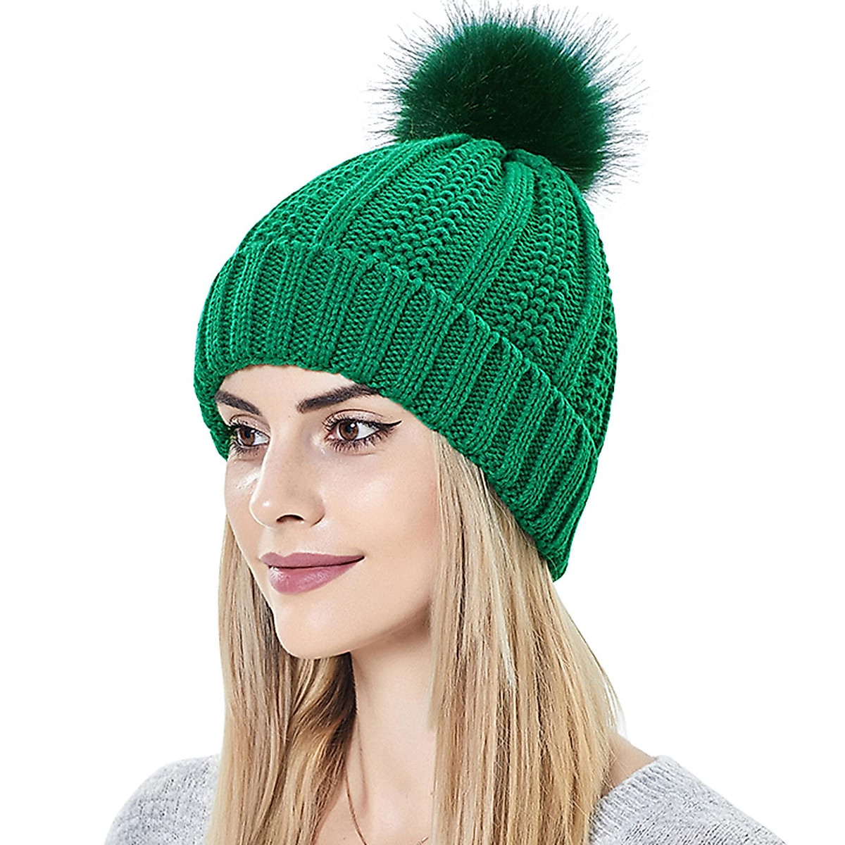 Muryobao Women Satin Lined Beanie Hat Knit Cuffed Warm Winter Hats Faux Fur Pom Pom Silk Lining Slouchy Skull Cap Green