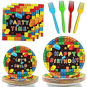 gisgfim 96 Pcs Building Block Birthday Party Supplies Paper Plates Napkins Colorful Blocks Party Birthday Decorations Favors for Boy or Girl Serves 24