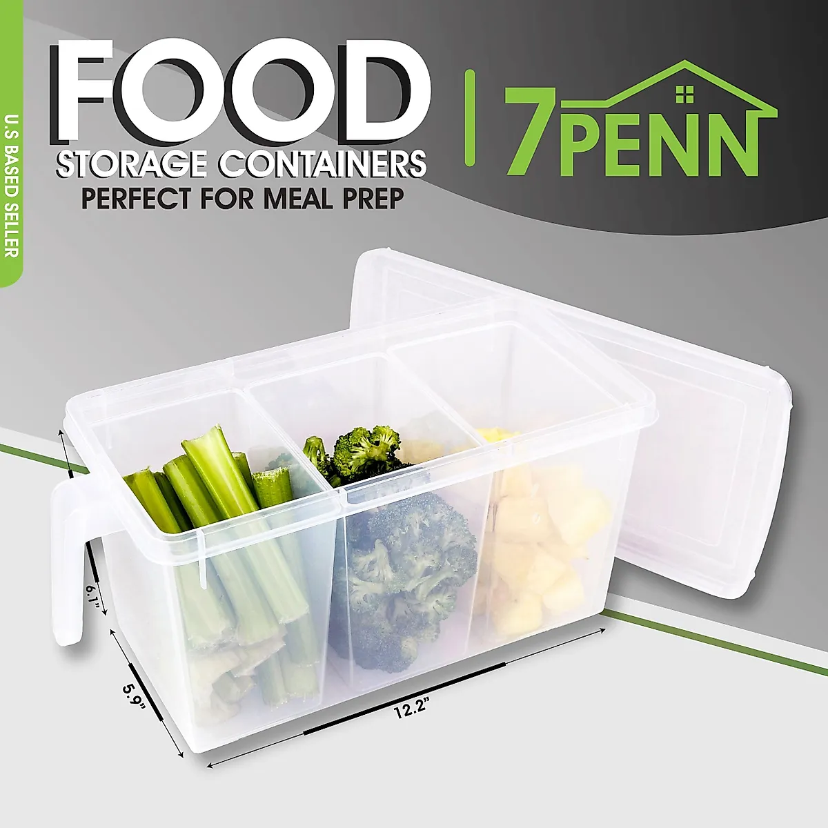 7Penn Divided Food Storage Containers 2pk - 2gal Air Tight 3 Compartment Veggie Tray - Handled Salad Bar Containers for Fridge with Lid - Square Produce Storage Bin Food Prep Container for Snacks