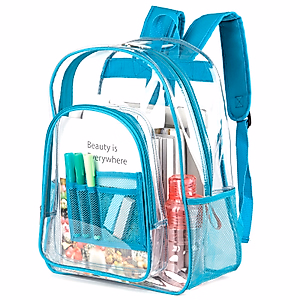 Clear Backpack Heavy Duty with Reinforced Straps, Side Pockets for Kids, Boys, Girls, School - Turquoise,Teal