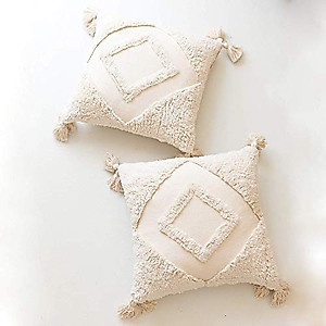 Banilla Throw Pillow Cover Bundle | Featuring a Pair of Hand Tufted Diamond Detailed 18" Pillow Covers & a 12x20 Lumbar Pillow with Chunky Tassels | Natural White