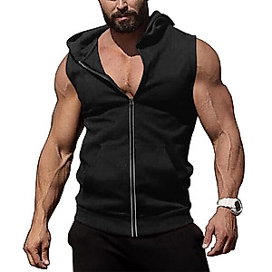 COOFANDY Men Hoodies Sleeveless Workout Tank Top Zip Up Gym Bodybuilding Training Fitness Shirt Black