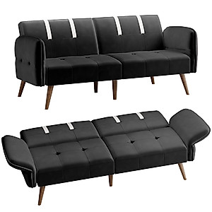 Shintenchi Futon Sofa Bed Modern Folding Sleeper Couch Bed for Living Room,Velvet Loveseat Sofa Couch Sofa cama for Apartments Office Small Spaces,w/Adjustable Armrests Backrest,Black