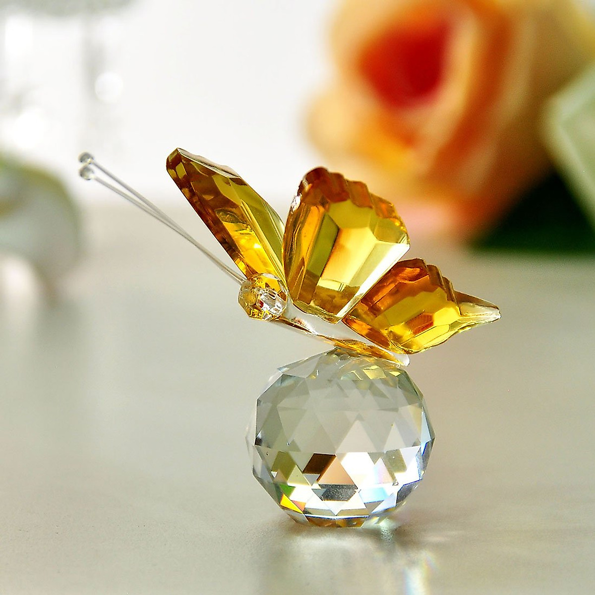 H&D Crystal Flying Butterfly with Crystal Ball Base Figurine Collection Cut Glass Ornament Statue Animal Collectible (Yellow)