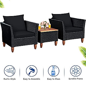 Tangkula 3 Piece Patio Furniture Set, Patiojoy Outdoor Wicker Rattan Bistro Sofa Set w/Washable Cushion, Acacia Wood Top Coffee Table, Conversation Set w/Adjustable Feet for Balcony Backyard Porch