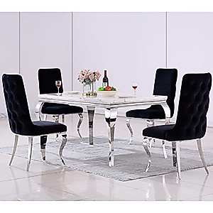 AZhome Dining Chairs, Black Velvet Upholstered Dining Room Chairs in Buttons Tufted Backrest, High Back Heavy Duty Dining Chair with Silver Mirrored Stainless Steel Legs, Set of 6