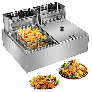 Electric Deep Fryer 23.6L 5000W Stainless Steel Dual Large Tank Basket Lid Countertop Commercial Restaurant