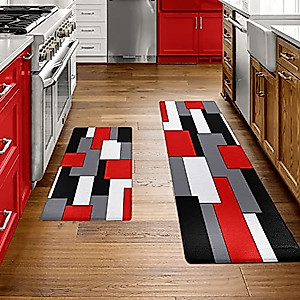 FNLNDO Red Black Grey White Kitchen Rugs and Mats Set of 2 Cushioned Anti Fatigue Kitchen Rugs Set Geometric Non-Skid Washable Kitchen Mats for Kitchen Sink Laundry