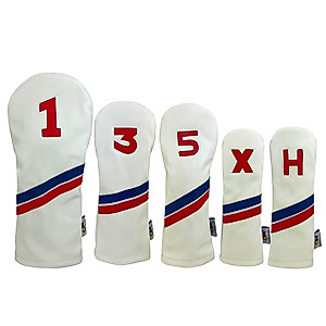 White Blue Red Sunfish Leather Golf Headcover 5 Piece Set 1 3 5 X H Driver Fairway Hybrid