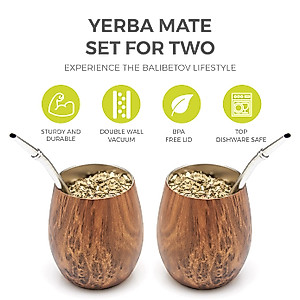 BALIBETOV Modern Mate Cup And Bombilla Set (Yerba Mate Cup) -Yerba Mate Set includes Double Walled 18/8 Stainless Steel Mate Tea Cup, Two Bombilla Mate (Straw) and a Cleaning Brush (Wood)