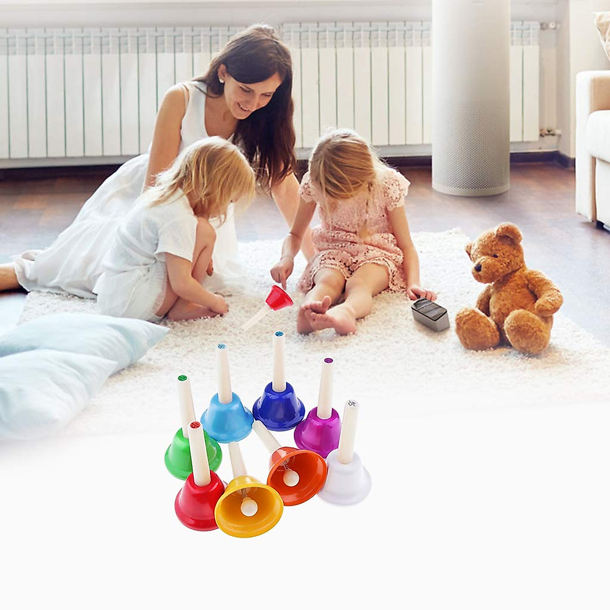 Alnicov Music Hand Bell Rhythm Band Beginners Play Hand Bells,8 Sound,8 Color Musical Bell for Senior,Teacher,Desk Bell Metal Hand Bells Set (one set of 8 notes)