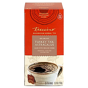 Teeccino Mushroom Herbal Tea - Turkey Tail Astragalus Toasted Maple - Caffeine Free, Prebiotic, 3x More Herbs - 25 Tea Bags